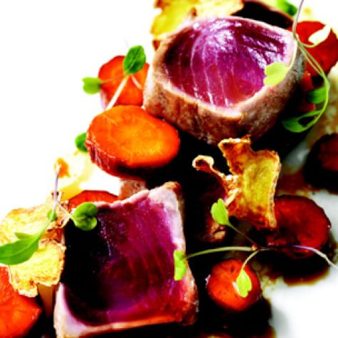Hawaiian Tuna with Confit Carrots, Soy Caramel and Crispy Ginger ...