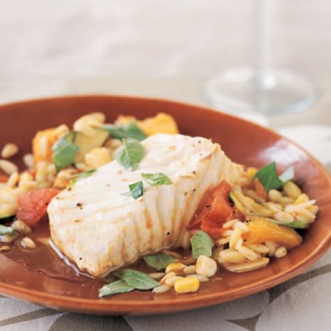 Braised Halibut with Summer Vegetables and Orzo | Williams Sonoma