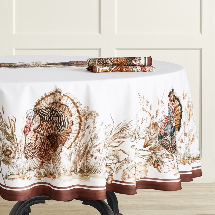 Autumn Plymouth Turkey Round Tablecloth - 90" | Williams Sonoma