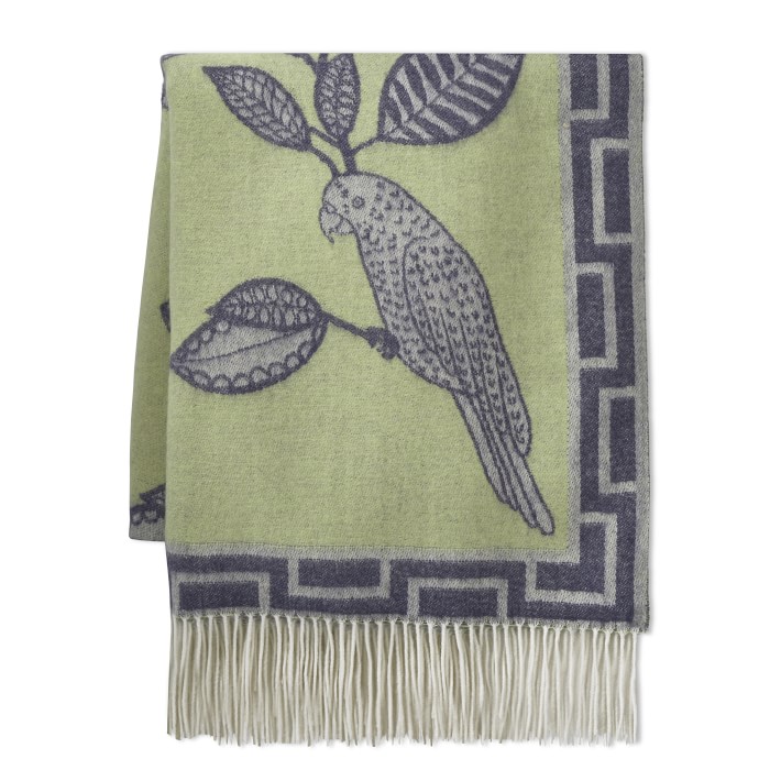 European Novelty Cashmere Throw, Naive Bird, Green | Williams Sonoma