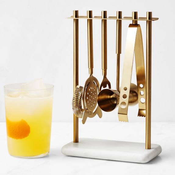 White Marble & Brass Hanging Bar Tools Set | Williams Sonoma