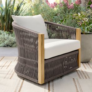 Pasadena Outdoor Teak and Brown Rope Swivel Chair | Williams Sonoma
