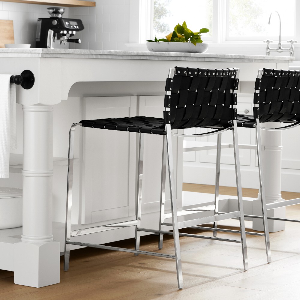 OPEN BOX: Roma Counter Stool, Leather, Black, Polished Stainless Steel ...